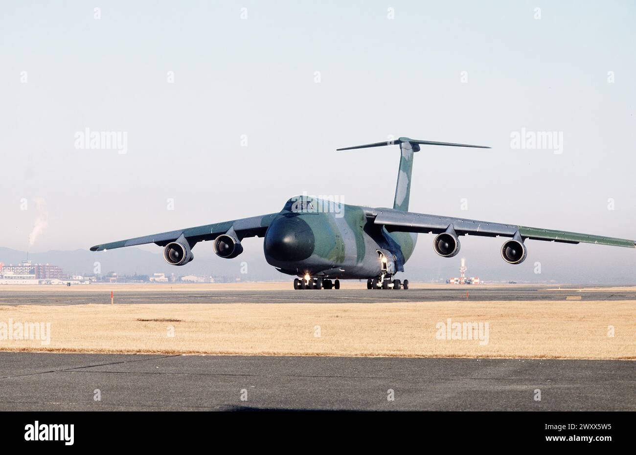 A left front view of a C-5 Galaxy aircraft on the flight line Stock ...
