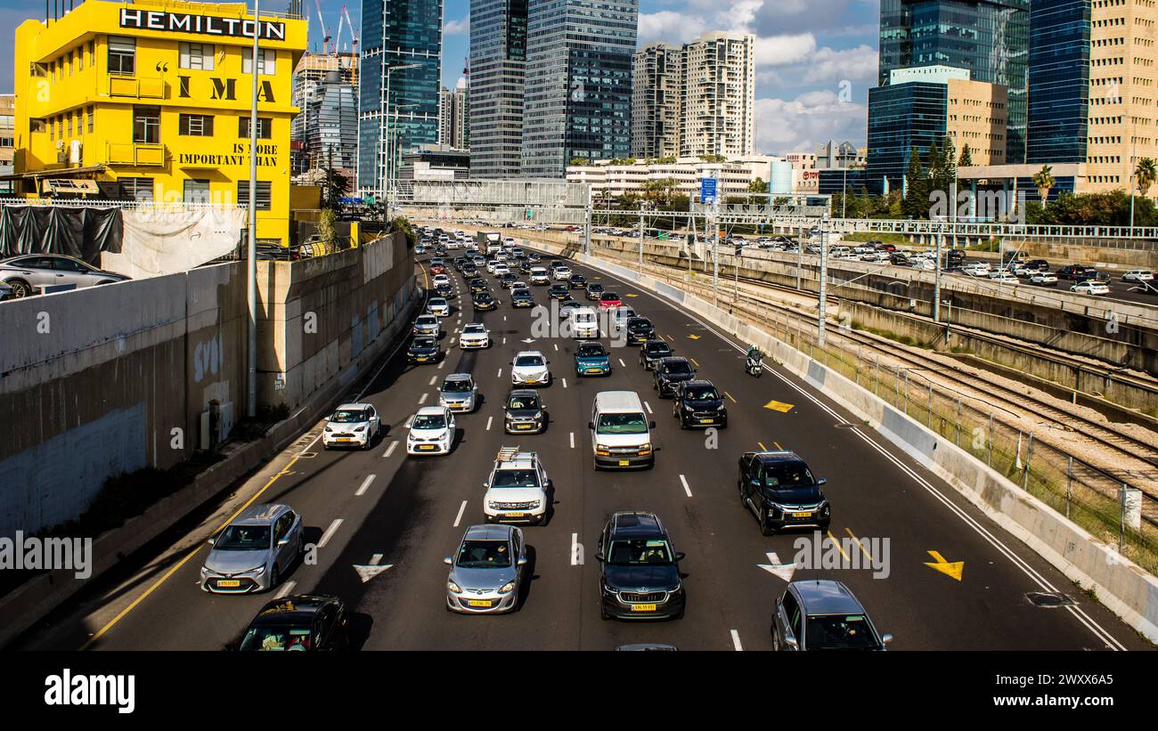 Tel Aviv, Israel, February 19, 2024 Car traffic on the Tel Aviv highway ...
