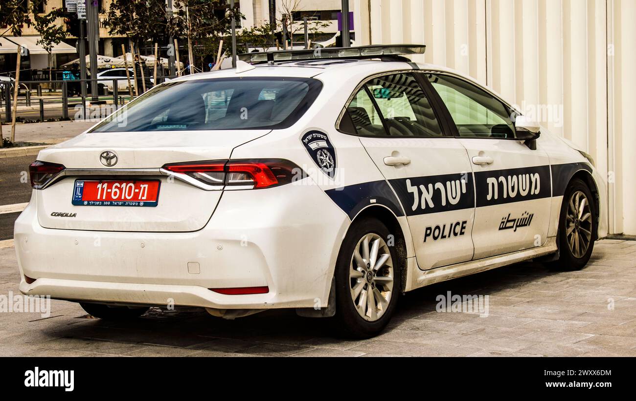 Tel Aviv, Israel, February 18, 2024 Israel police car parked in the ...