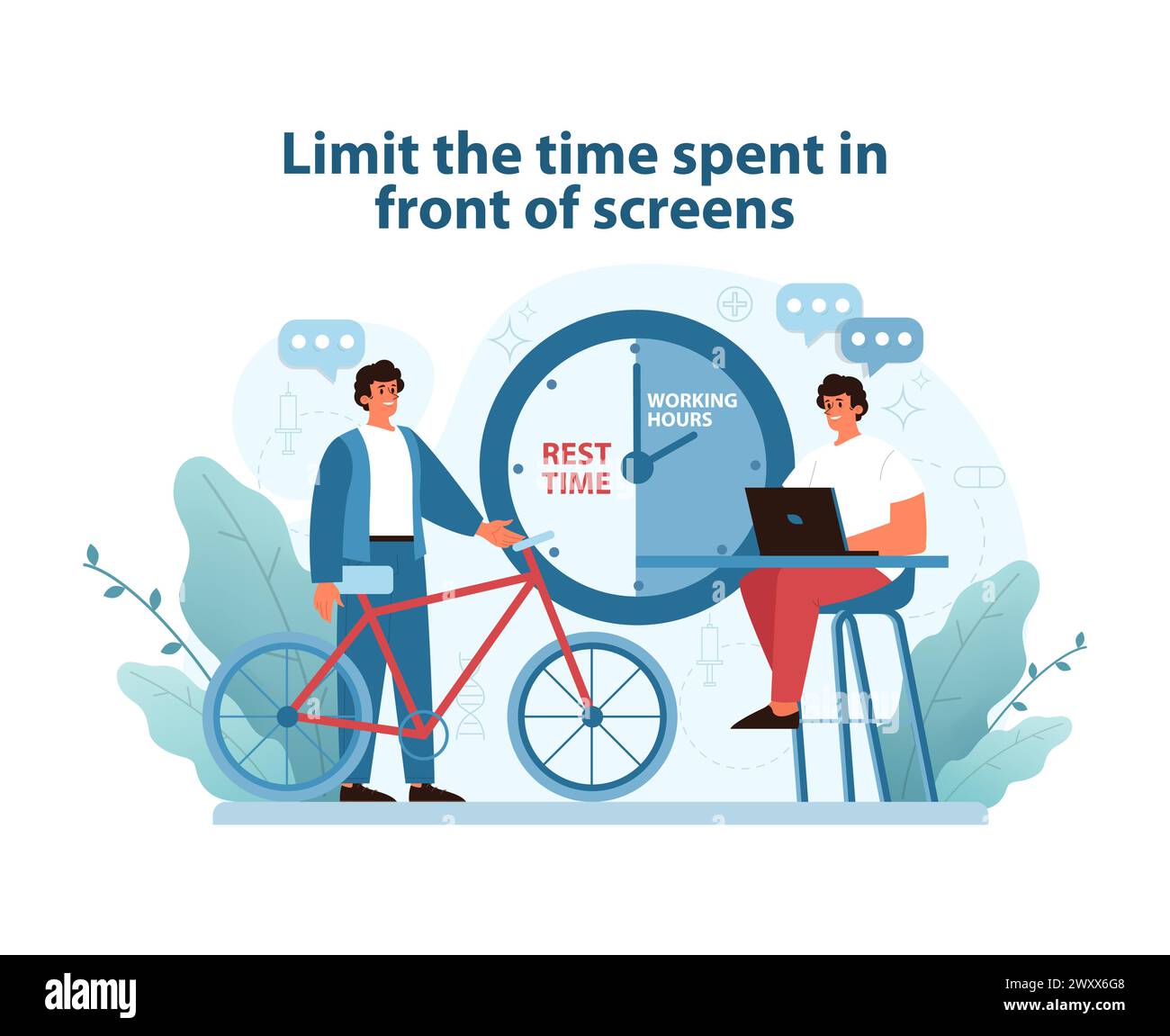 Screen Time Management Illustration. A focused man on a laptop balances ...