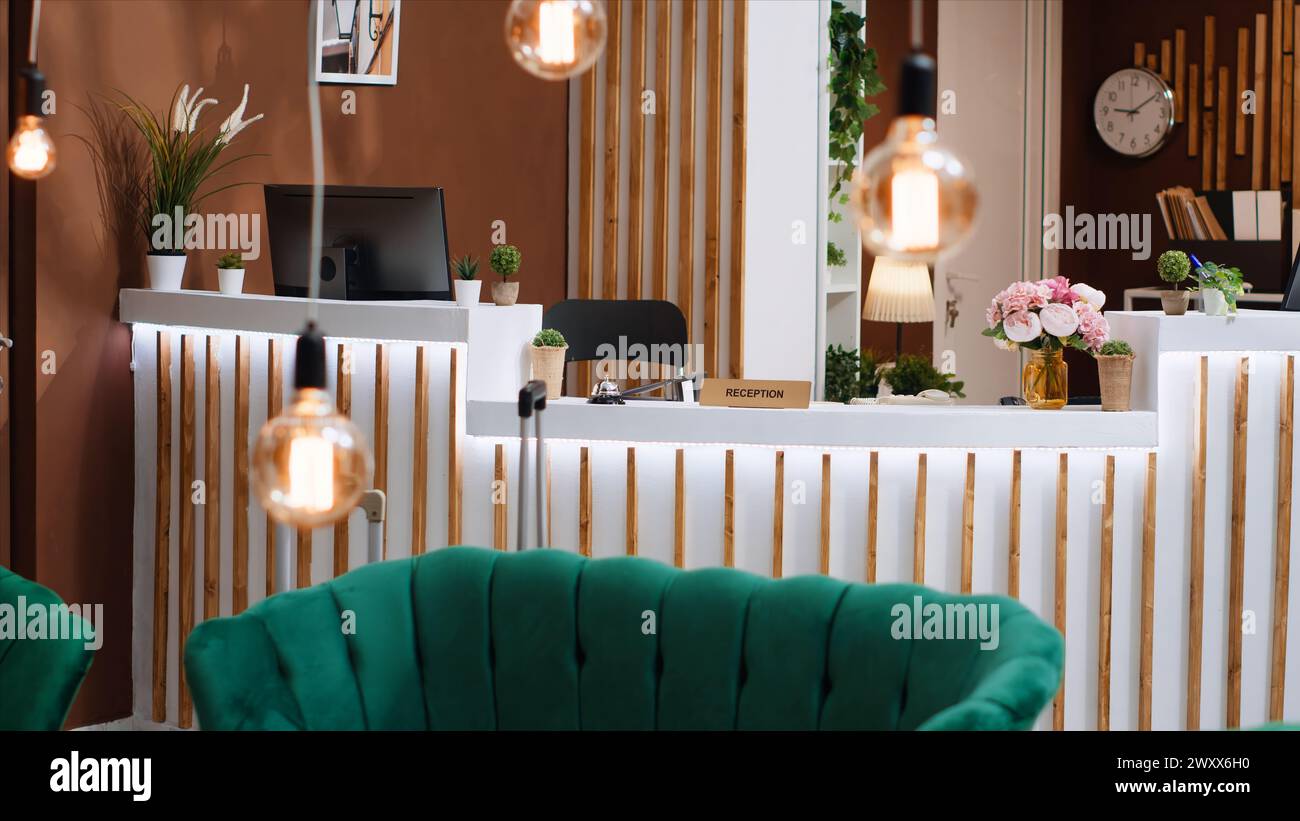 Empty luxurious hotel reception ready to greet guests at entrance ...