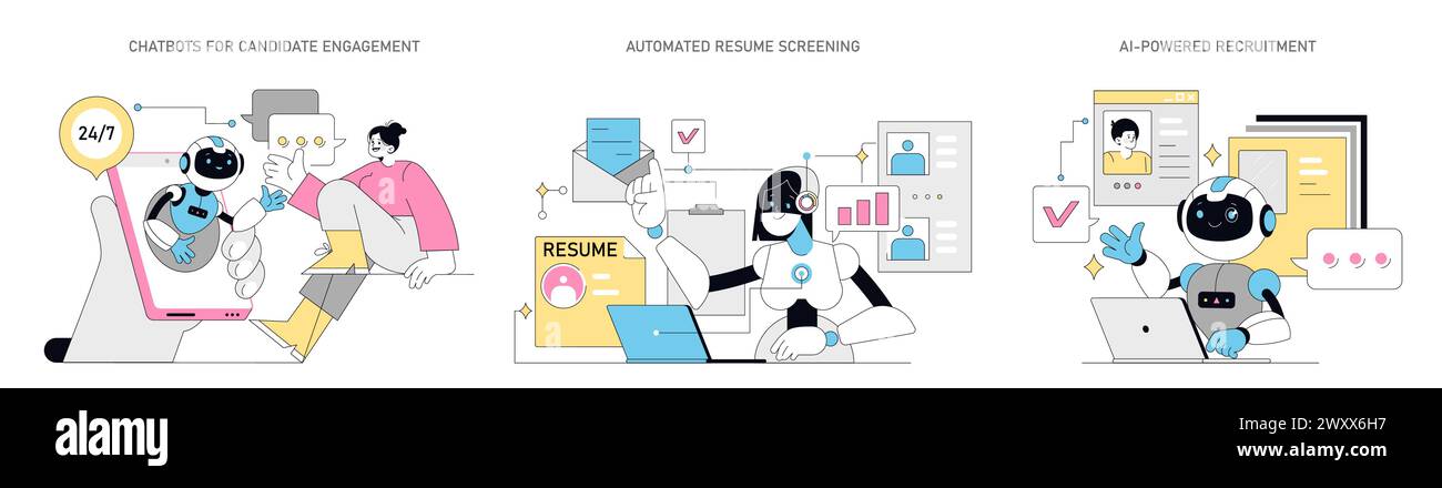 Futuristic Hiring set. Robots facilitate 24 7 candidate engagement, streamline resume screening ...