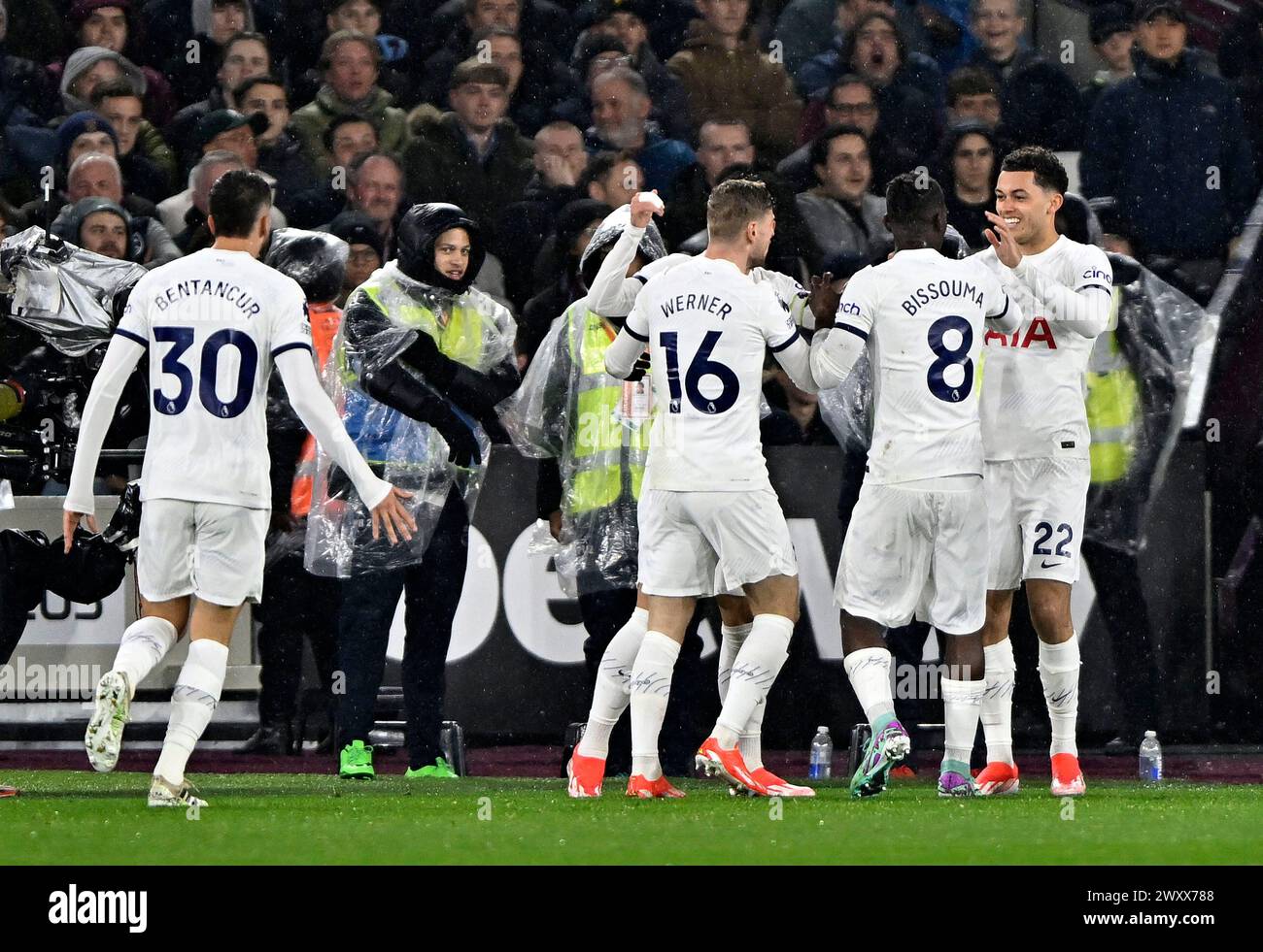 London, UK. 2nd Apr, 2024. GOAL. Brennan Johnson (Spurs, 22) celebrates ...