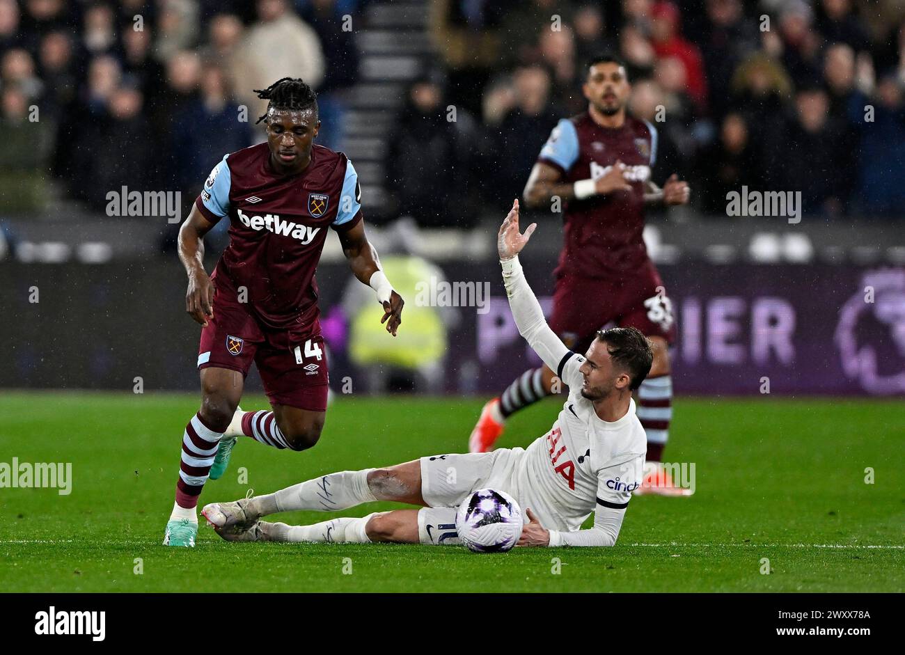London, UK. 2nd Apr, 2024. James Maddison (Spurs) appeals for a free ...