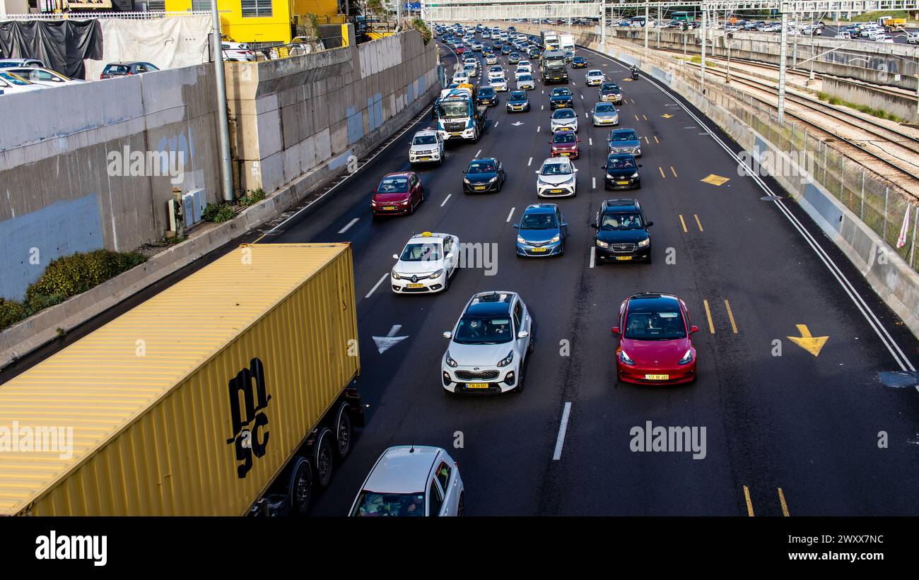Tel Aviv, Israel – January 14, 2024 Heavy car traffic on the highway ...