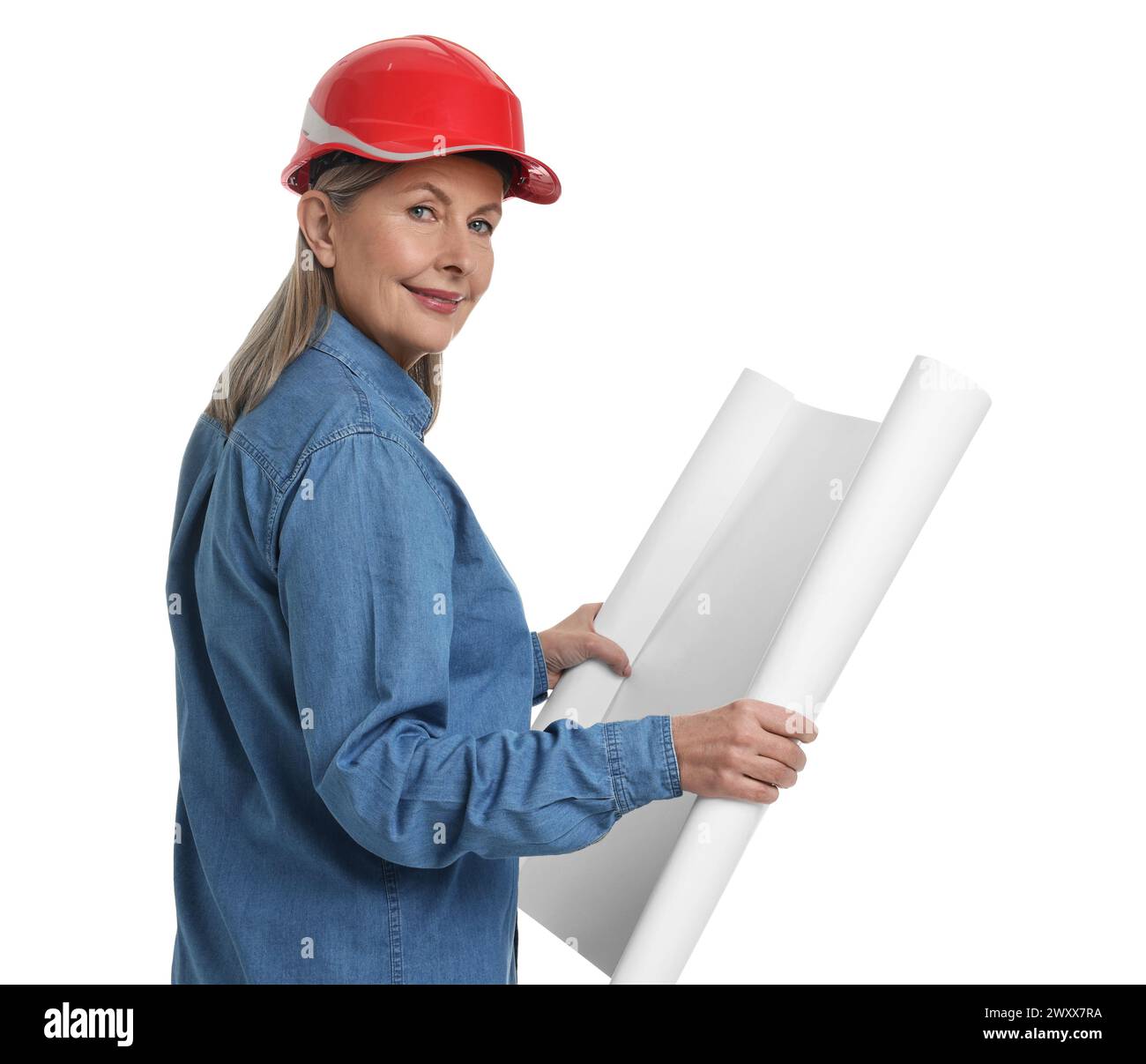 Architect in hard hat with draft on white background Stock Photo - Alamy
