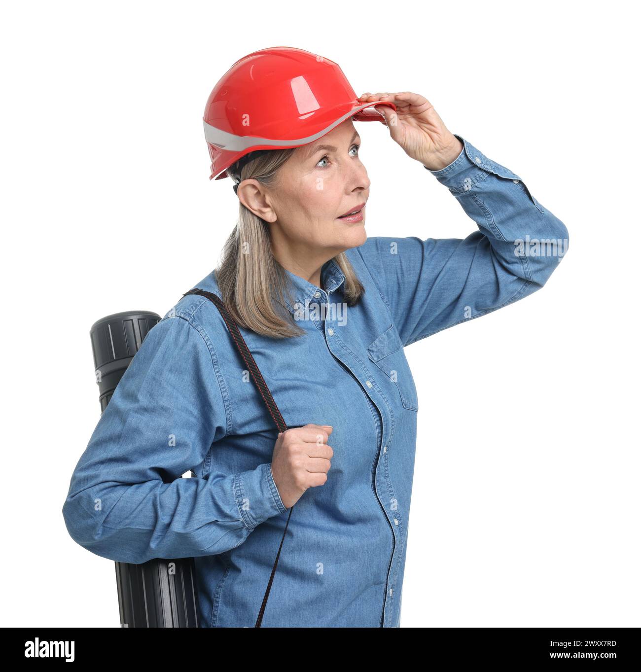 Architect in hard hat with tube on white background Stock Photo - Alamy