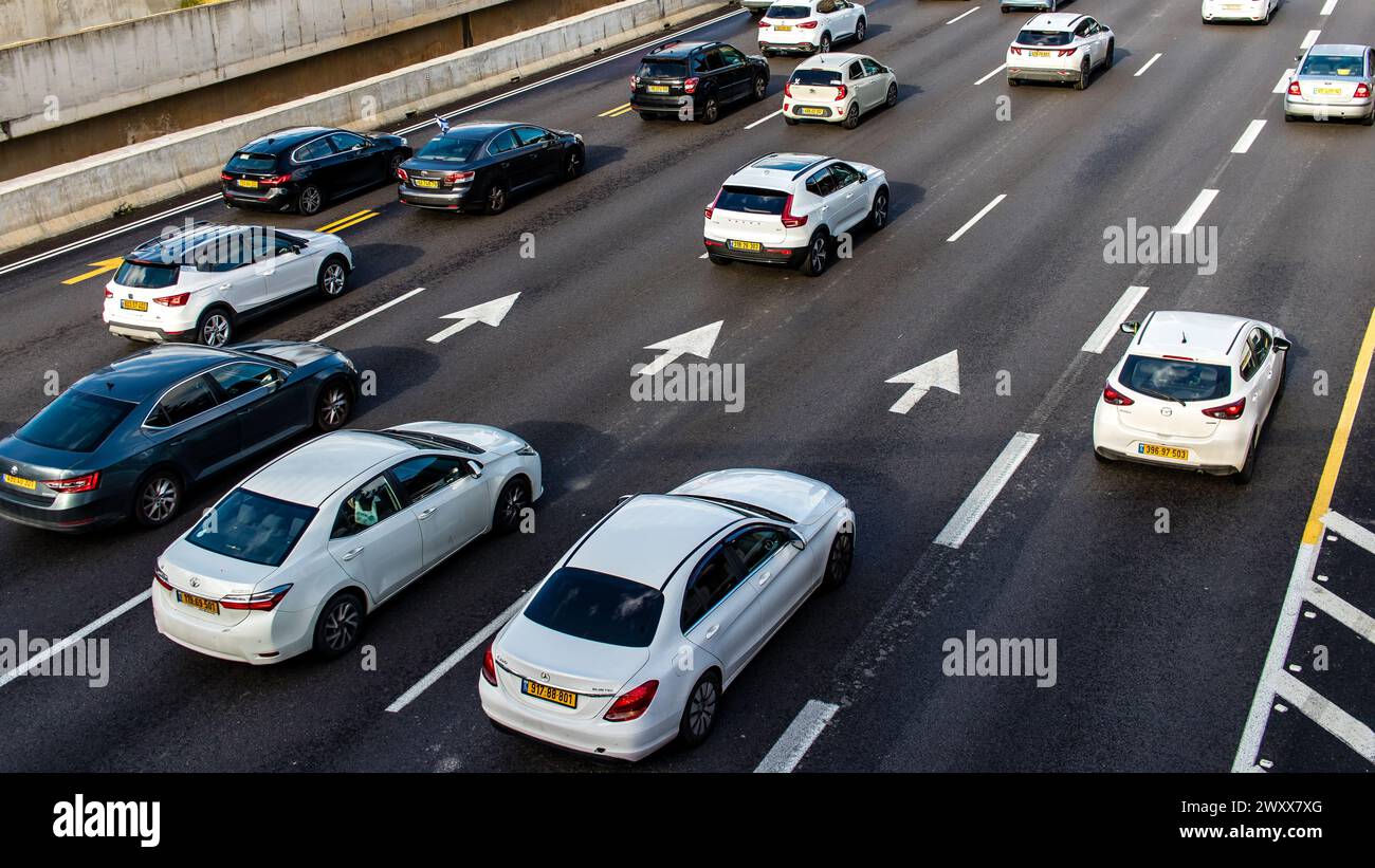 Tel Aviv, Israel – January 14, 2024 Heavy car traffic on the highway ...