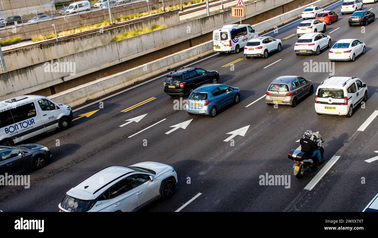 Tel Aviv, Israel – January 14, 2024 Heavy car traffic on the highway ...
