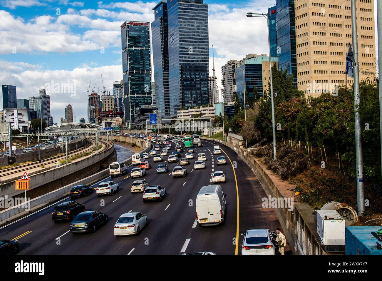 Tel Aviv, Israel – January 14, 2024 Heavy car traffic on the highway ...
