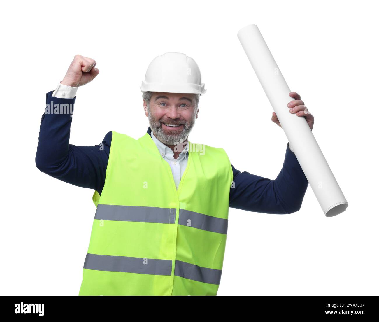 Architect in hard hat holding draft on white background Stock Photo - Alamy