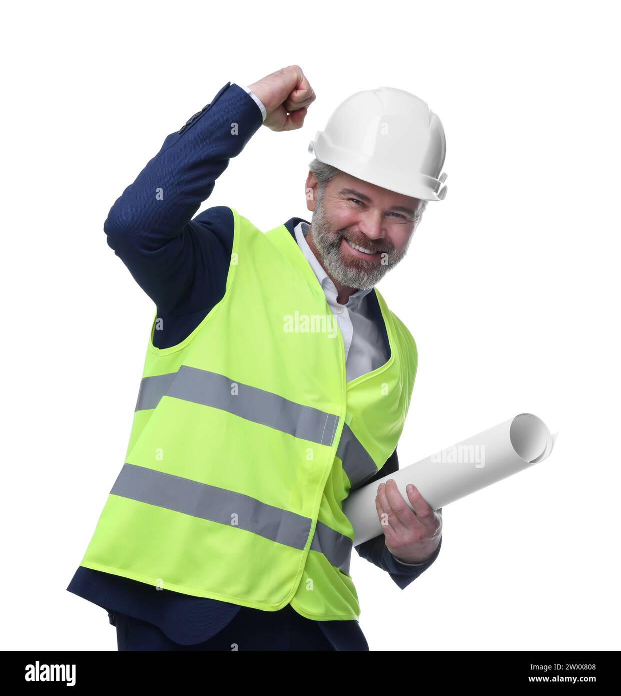 Architect in hard hat holding draft on white background Stock Photo - Alamy