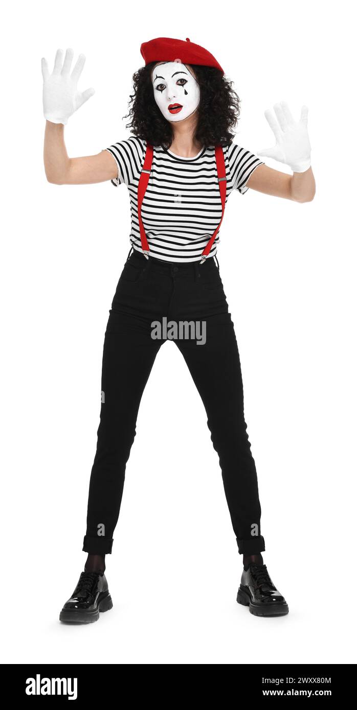 Funny mime with beret posing on white background Stock Photo - Alamy