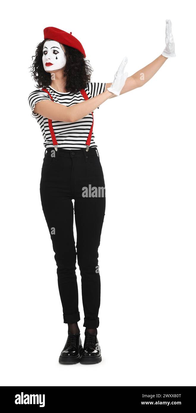 Funny mime with beret posing on white background Stock Photo - Alamy