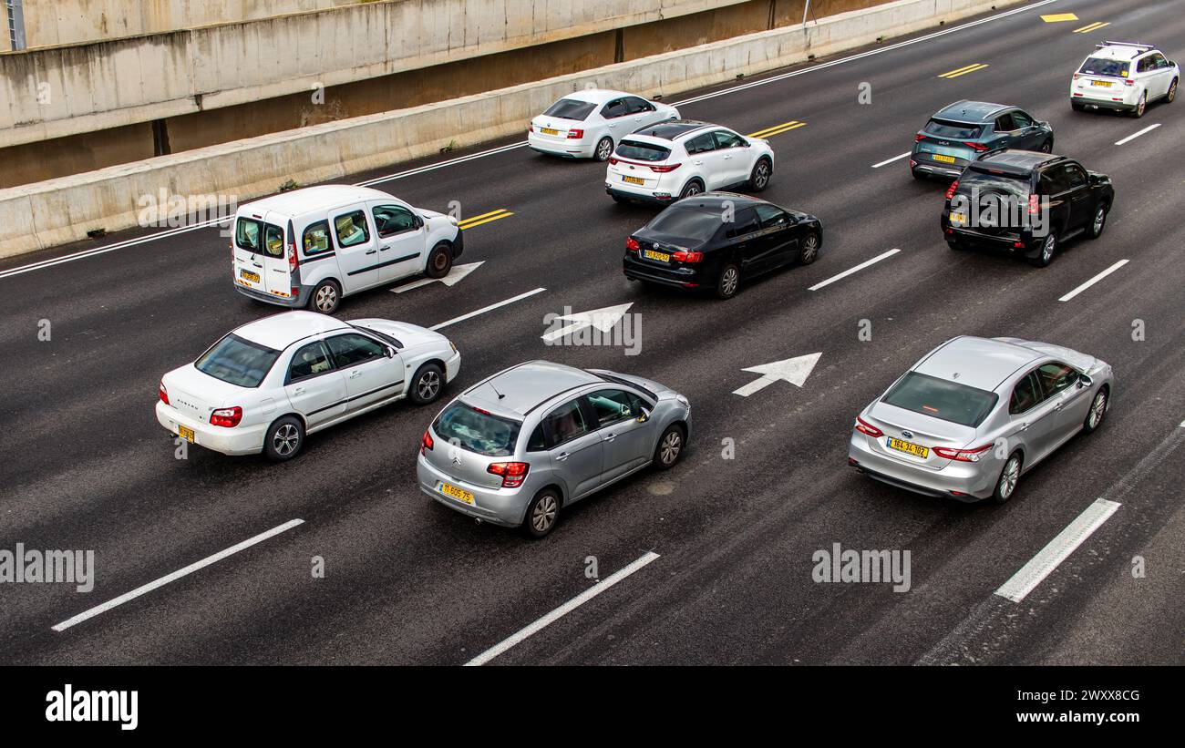 Tel Aviv, Israel – January 14, 2024 Heavy car traffic on the highway ...