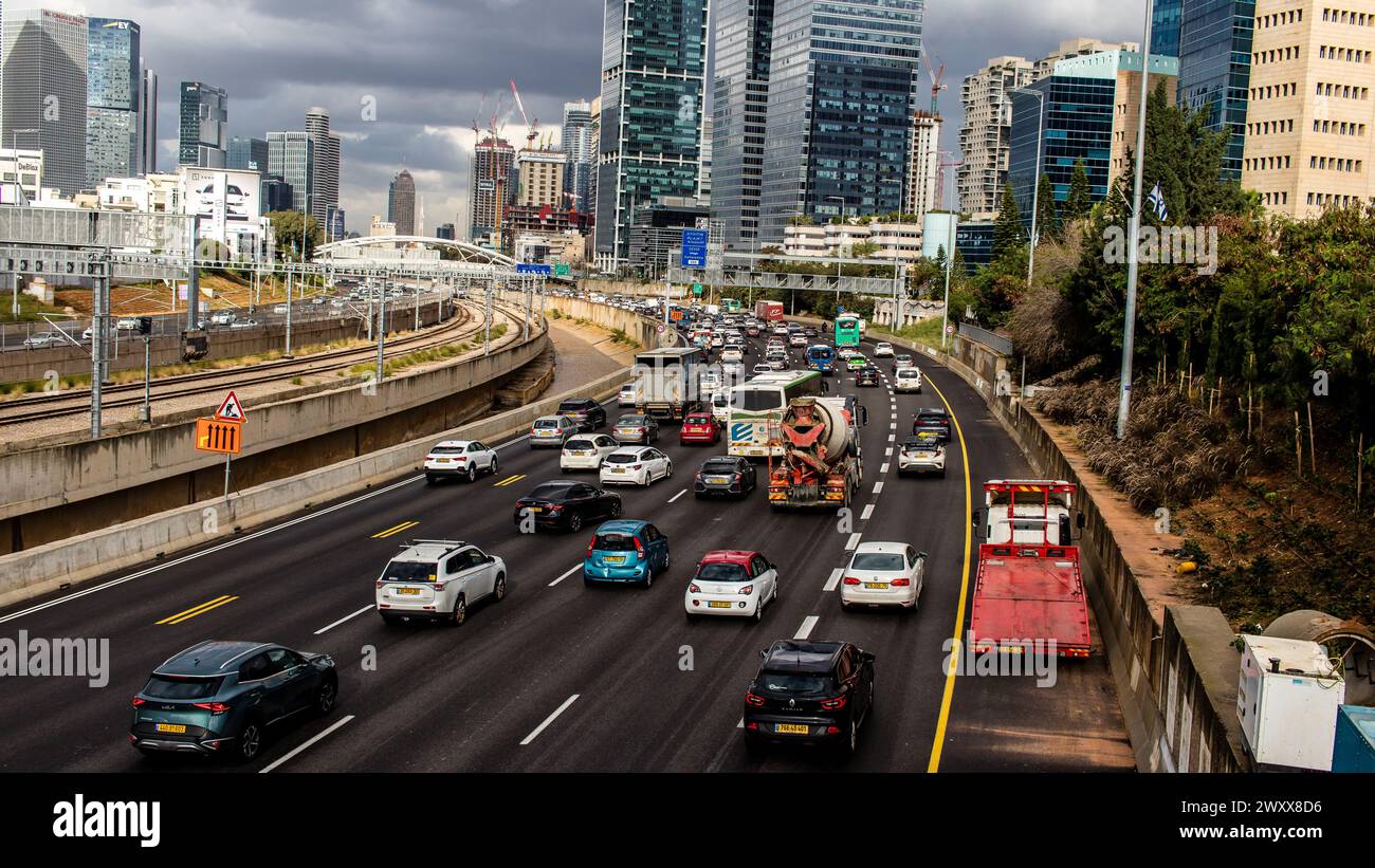 Tel Aviv, Israel – January 14, 2024 Heavy car traffic on the highway ...