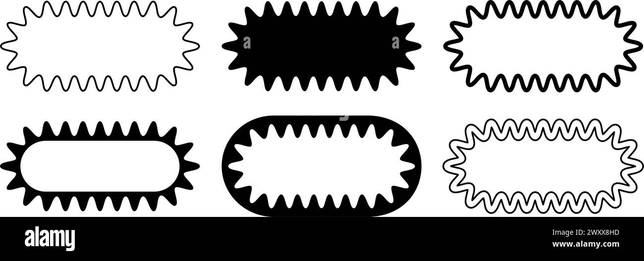 Set of different oval frames with wiggly edges. Rectangular shapes with wavy borders. Picture or ...