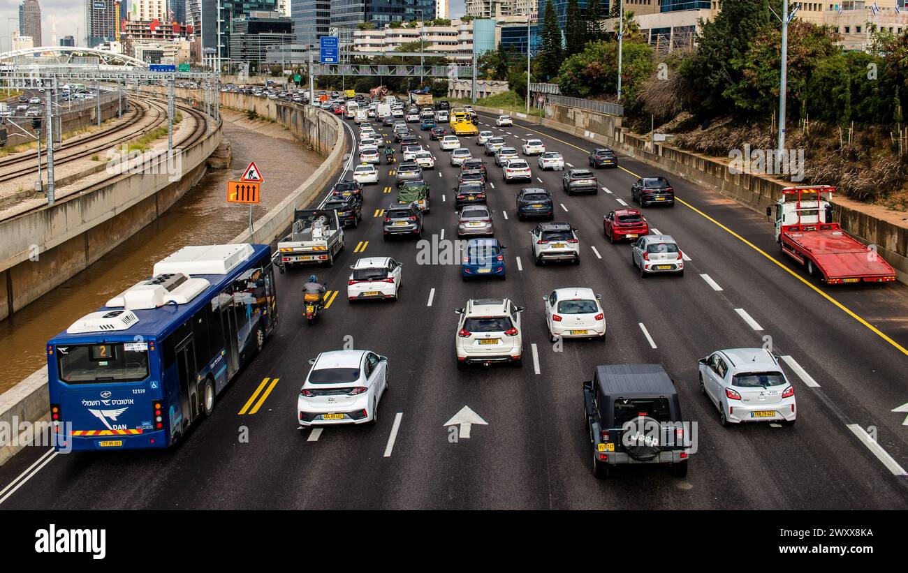 Tel Aviv, Israel – January 14, 2024 Heavy car traffic on the highway ...