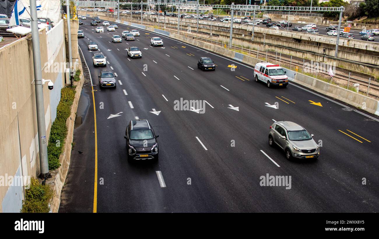 Tel Aviv, Israel – January 14, 2024 Heavy car traffic on the highway ...