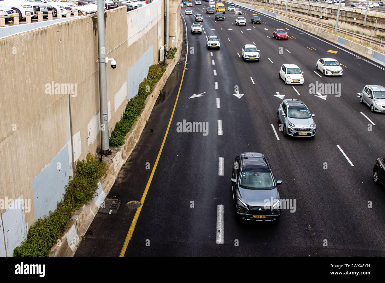 Tel Aviv, Israel – January 14, 2024 Heavy car traffic on the highway ...