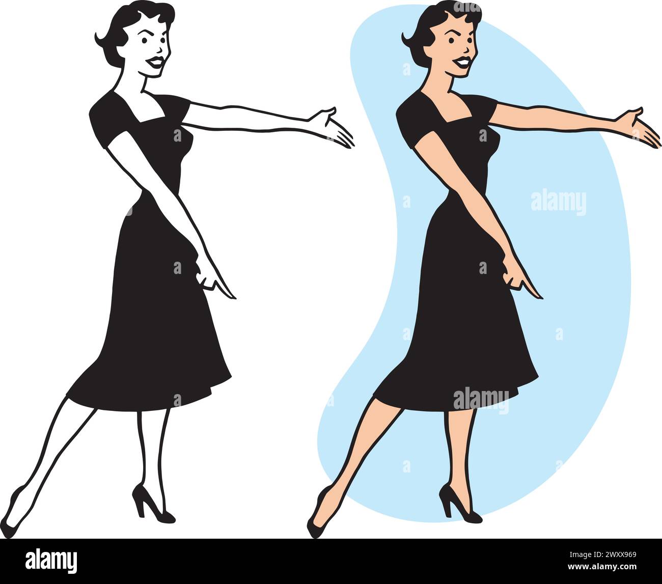 A vintage retro cartoon of an attractive woman in a dress pointing at ...