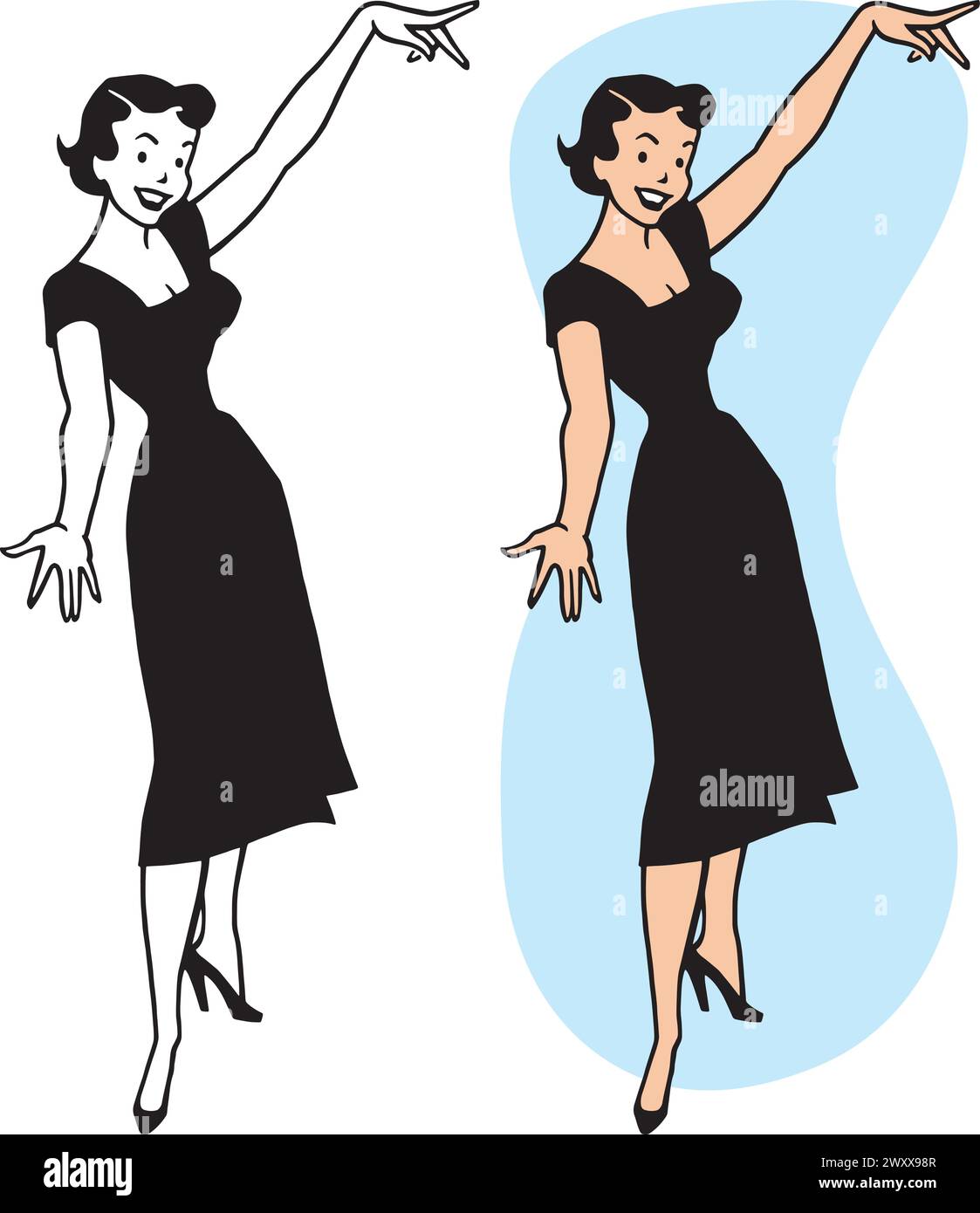 A vintage retro cartoon of an attractive woman in a dress pointing at ...