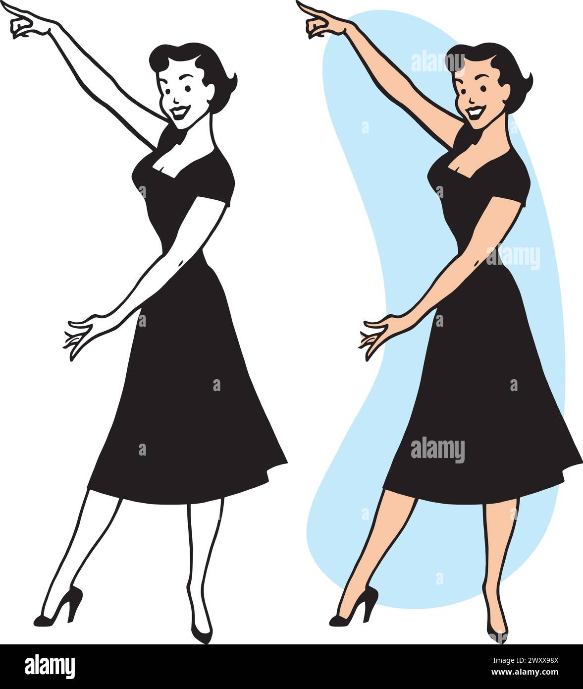A vintage retro cartoon of an attractive woman in a dress pointing at ...