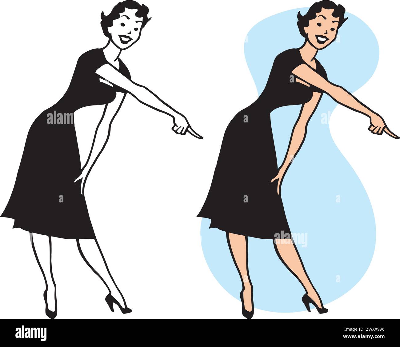 A vintage retro cartoon of an attractive woman in a dress pointing at ...