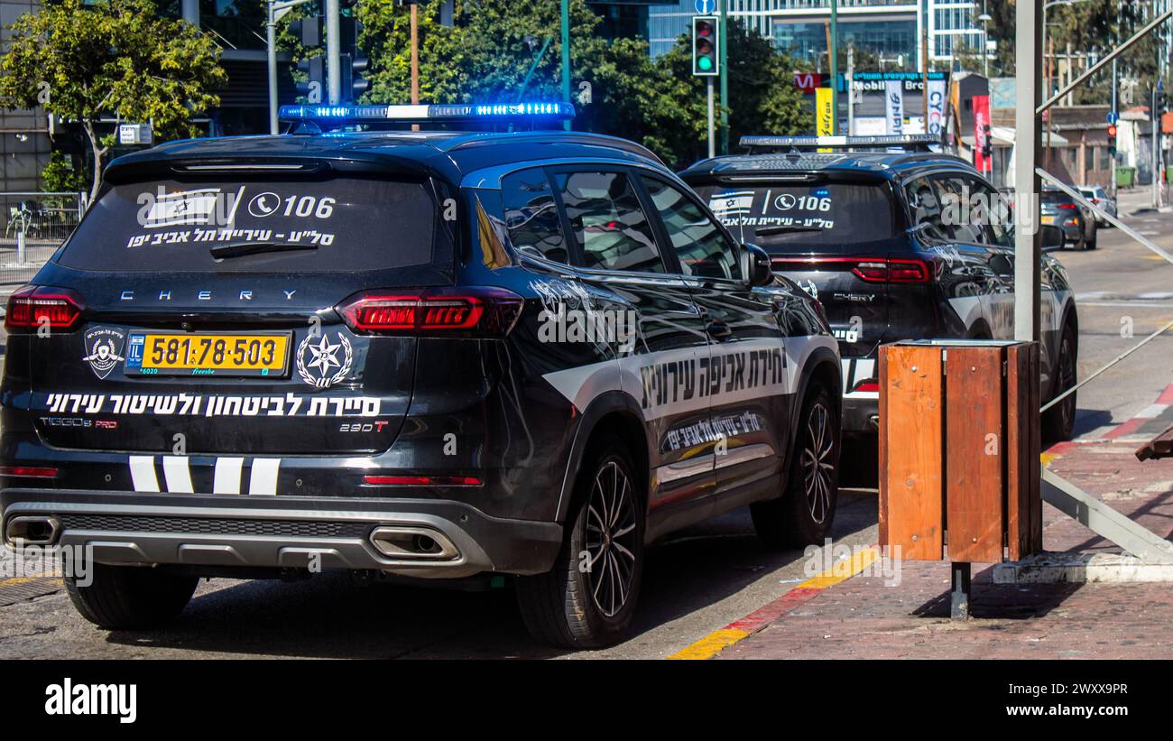 Tel Aviv, Israel – January 6, 2024 Police car driving in the city ...