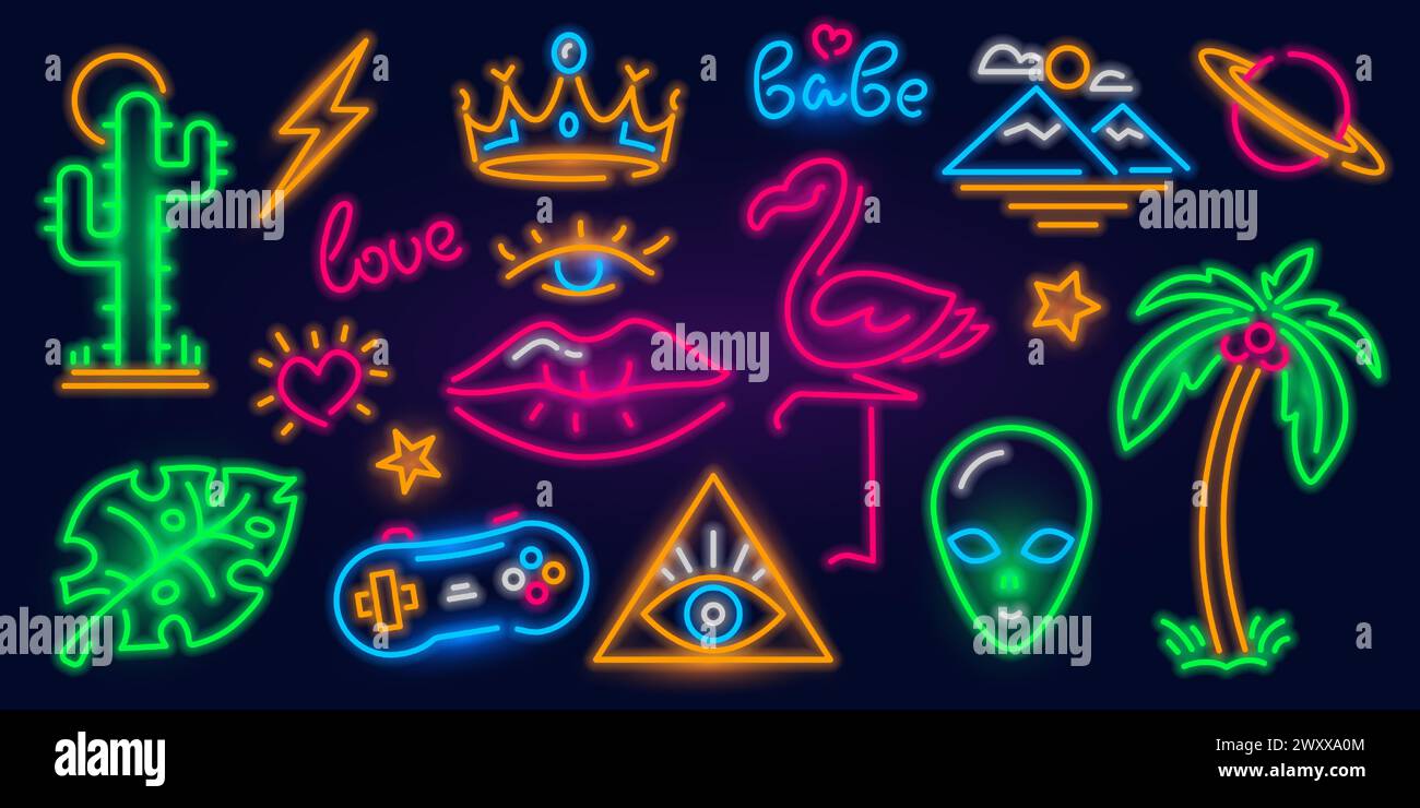 Set of fashion neon sign. Night bright signboard, Glowing light banner ...