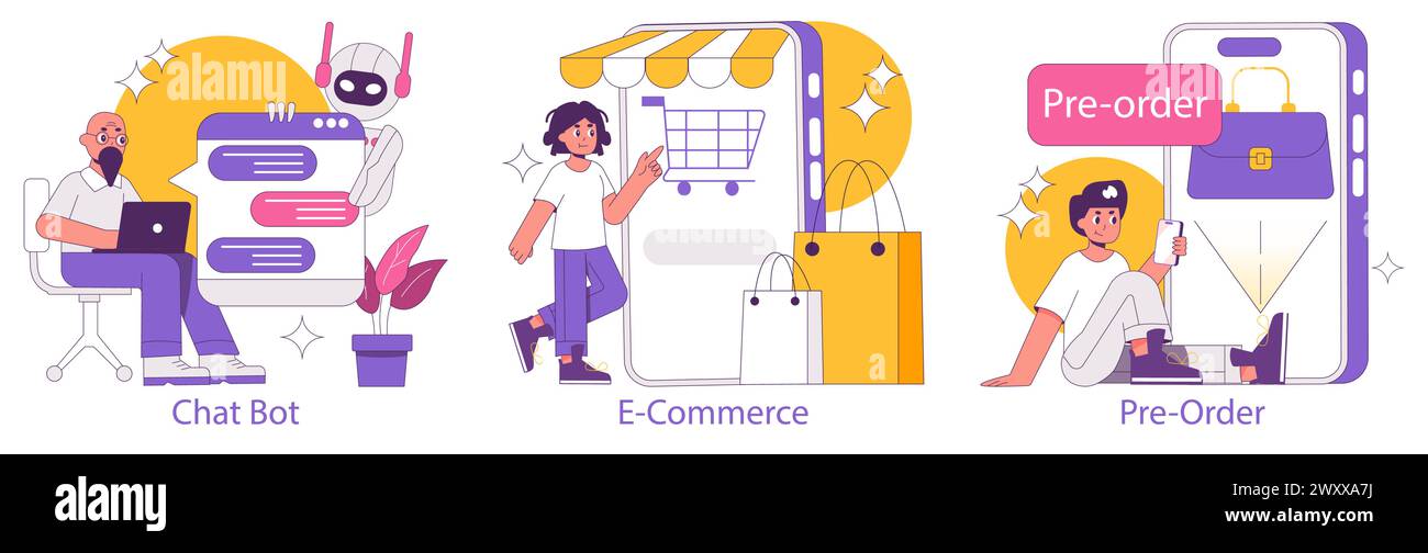 Digital Evolution set. Man interacts with chatbot, customer engages in ...