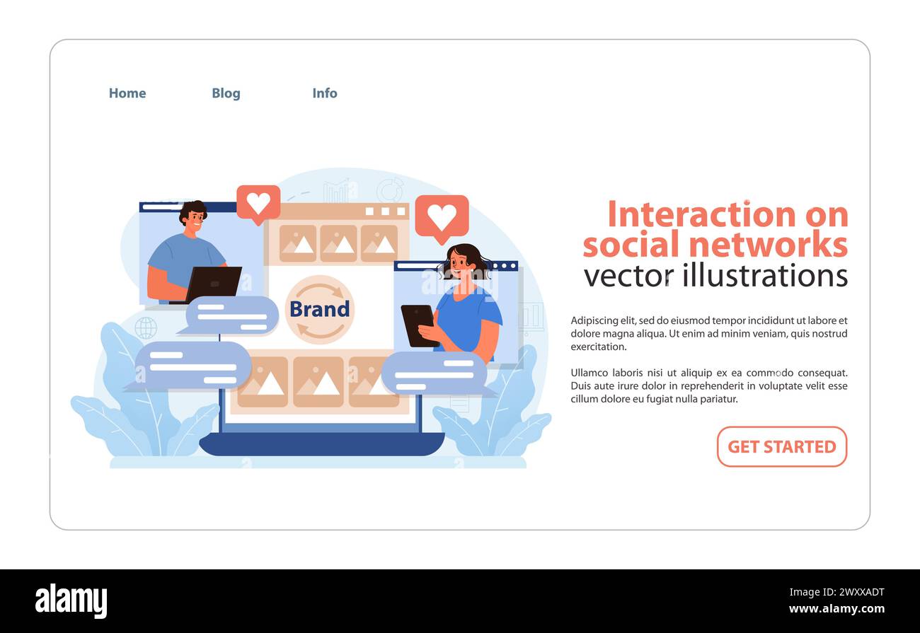 Social Media Engagement. Illustration of a man and woman actively ...