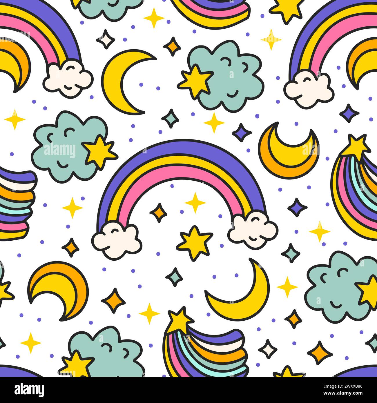 Cute Cartoon Rainbow Clouds and Moon Seamless Pattern. Starry Rainbow ...
