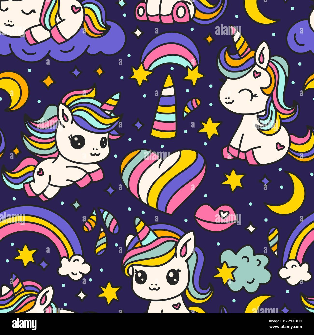 Cute Cartoon Unicorns Seamless Pattern. Unicorn Animal And Rainbow ...