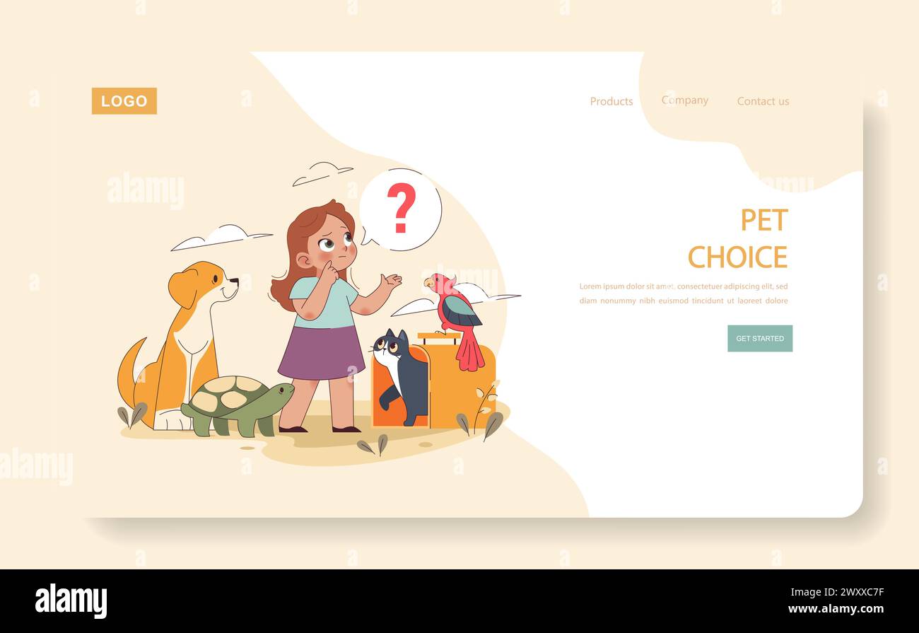 Children and Pets web or landing. A young girl considers various ...