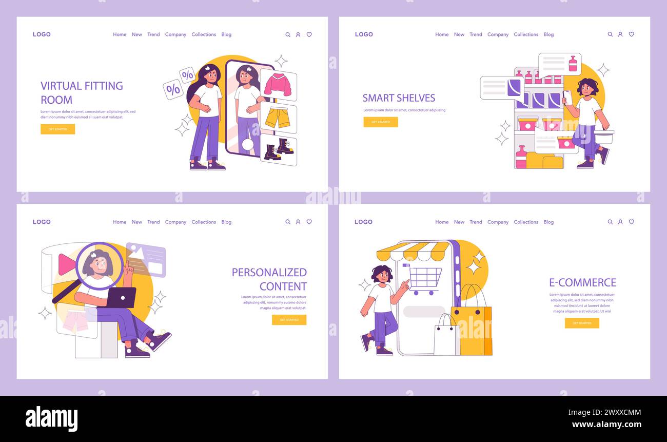 Retail Innovation set. Virtual fitting, smart shelves, personalized ...