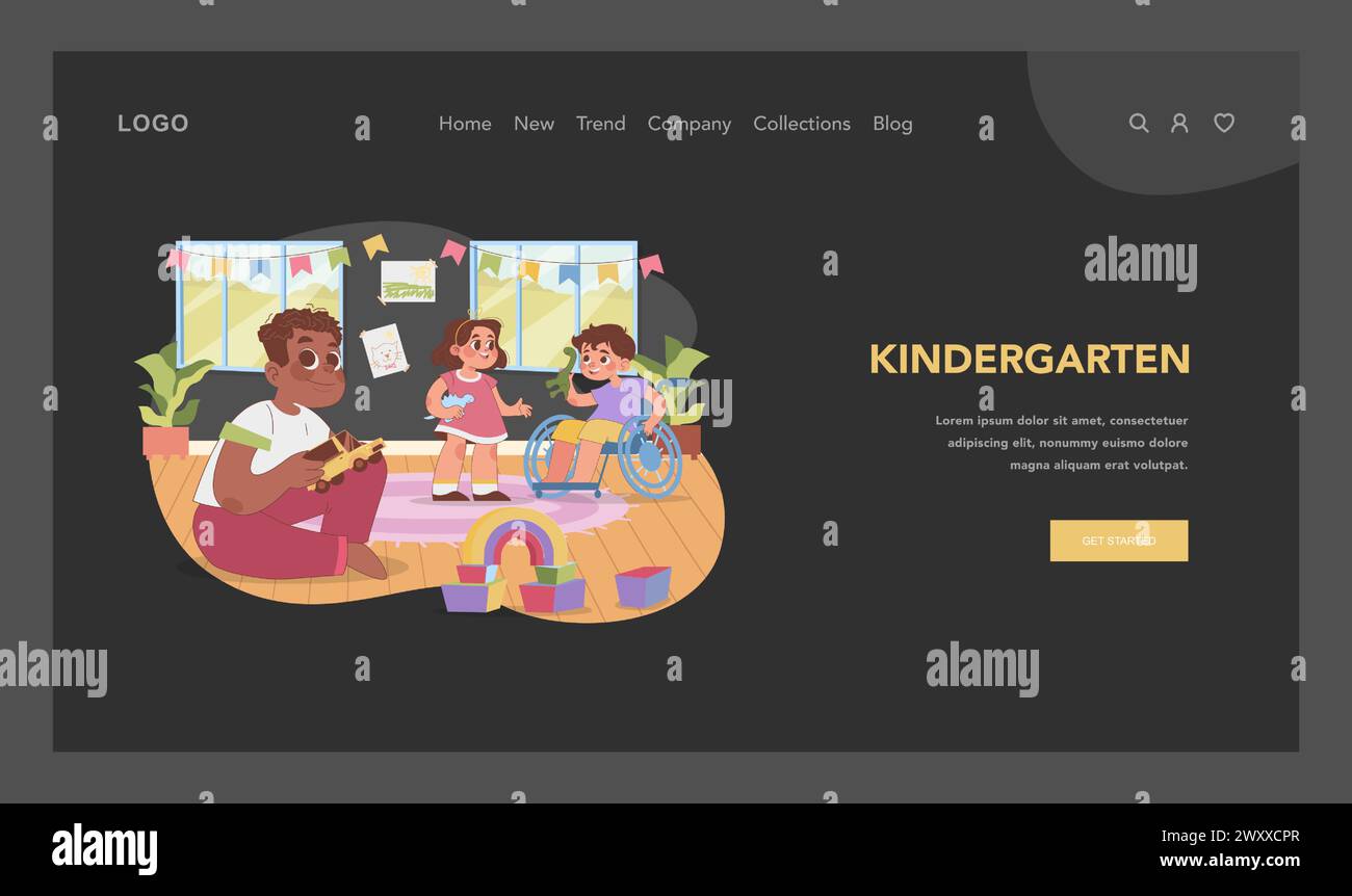Inclusive kindergarten scene. Joyful play with toys, diverse group of ...