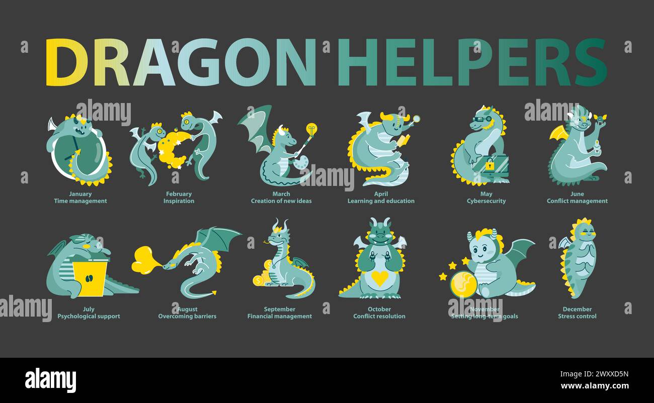 Dragon Helpers series. Whimsical dragons demonstrate monthly activities ...