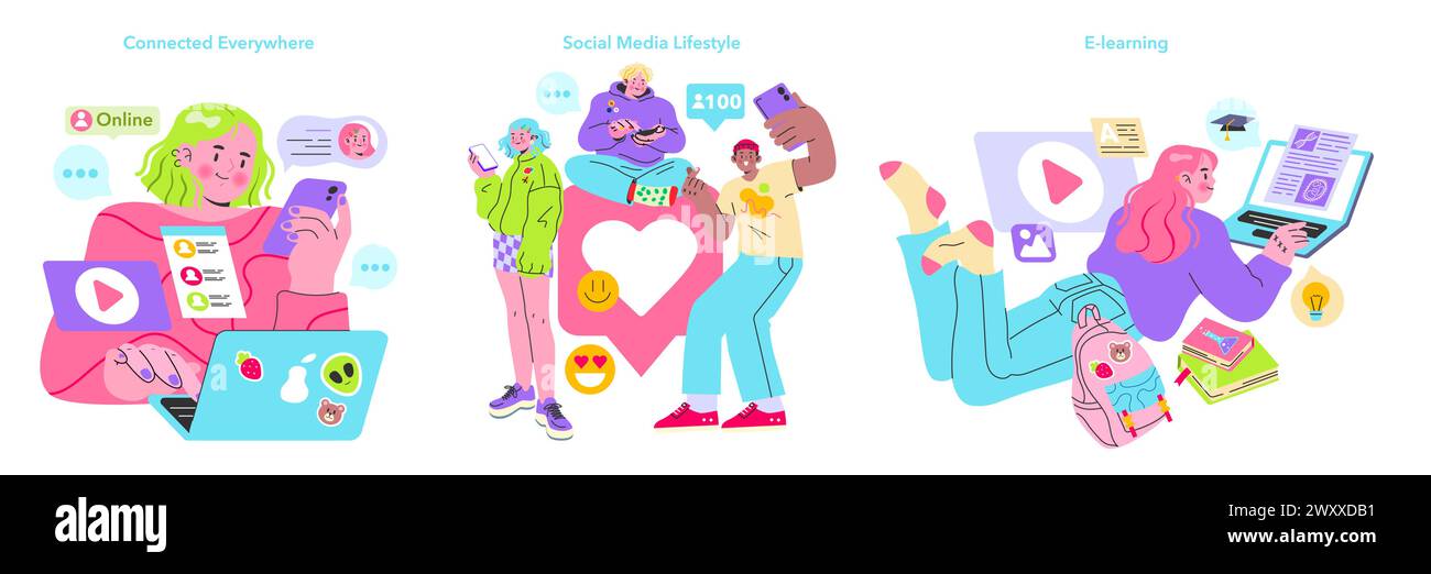 Digital Lifestyle and Learning set. Illustrating modern connectivity ...