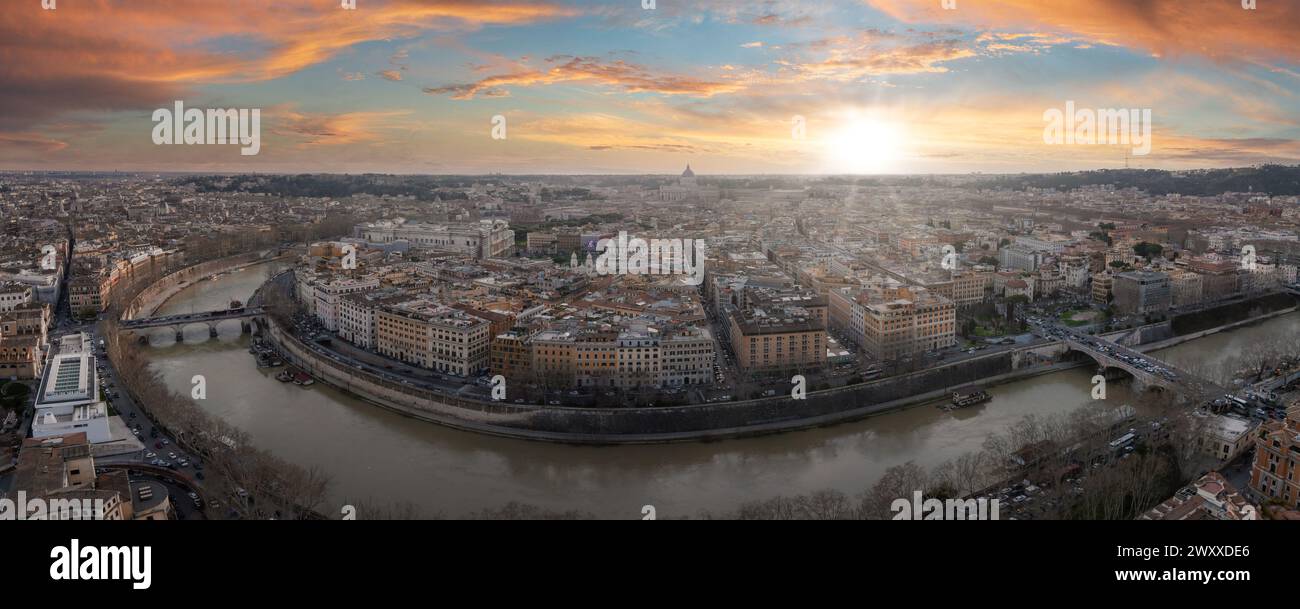 Aerial Panoramic Sunset View of Rome with Tiber River Winding Through ...