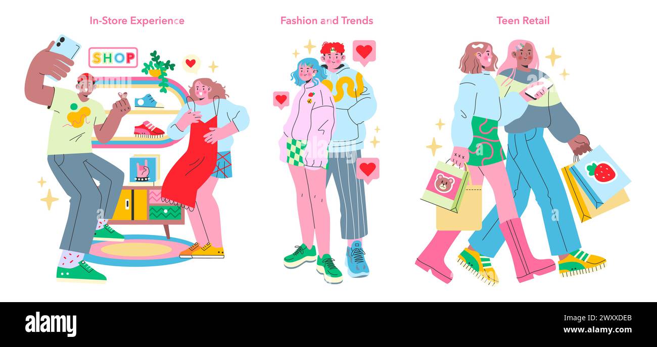 Teen Retail Experience set. Youthful shopping spree, teens exploring in ...