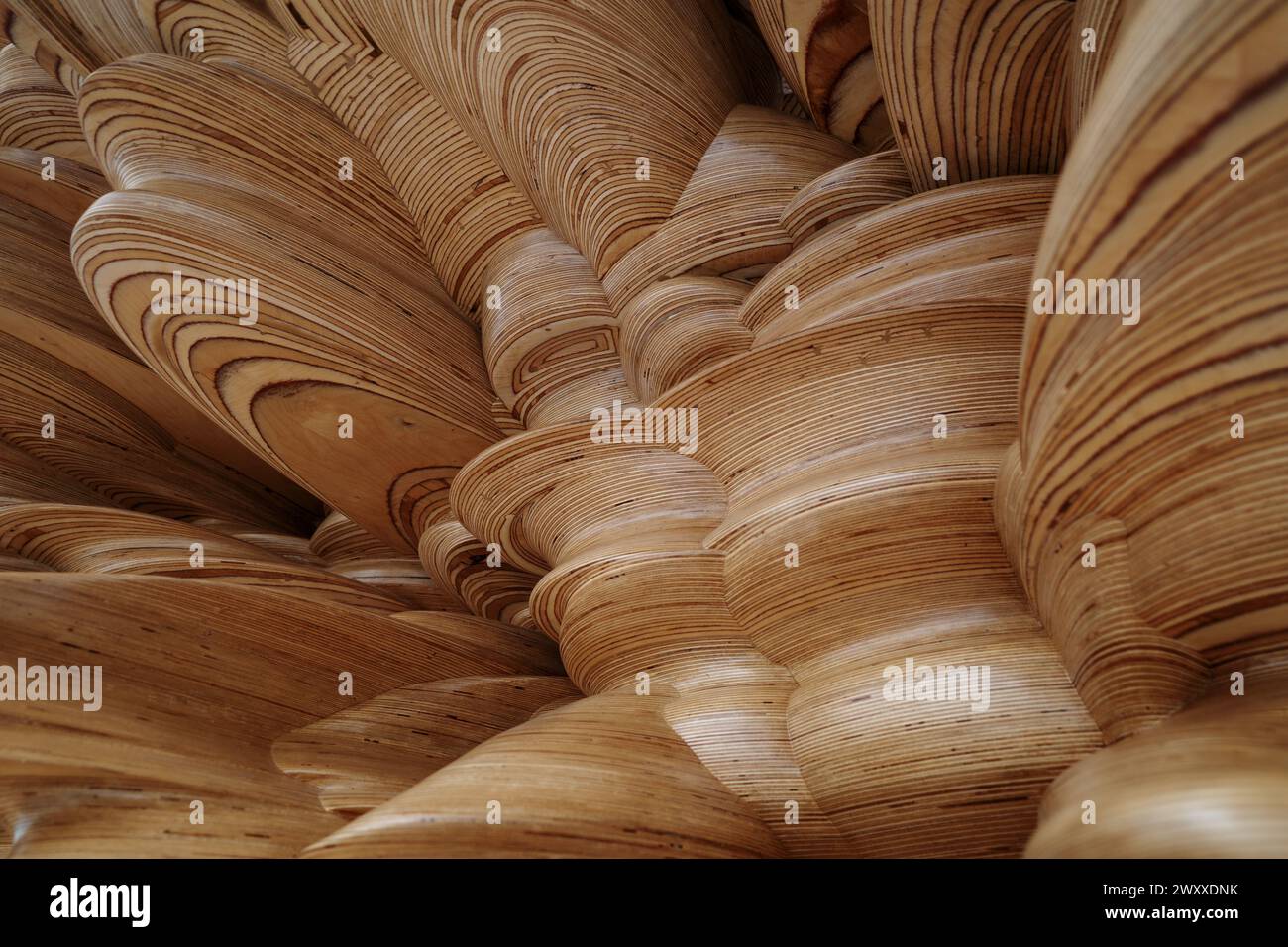 A close-up of a complex, sculptural wooden structure with overlapping ...