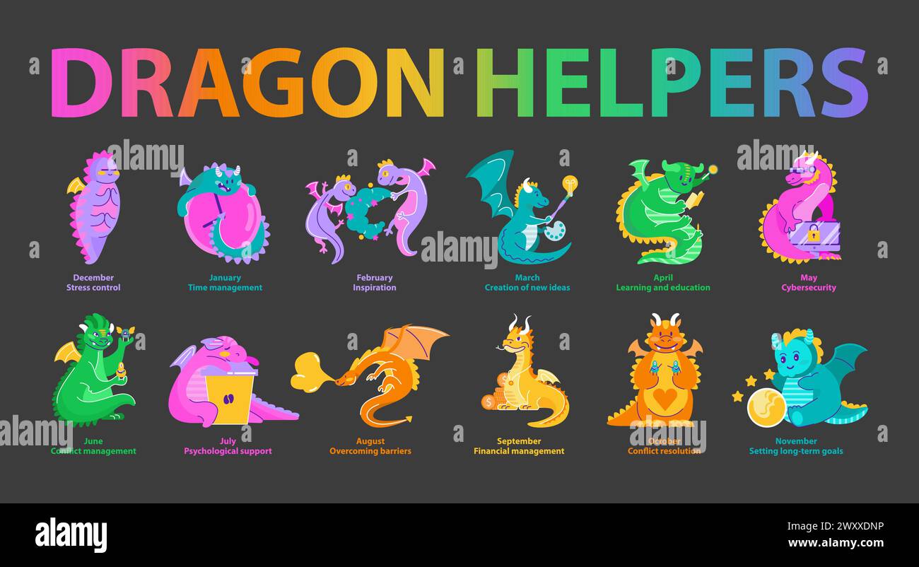 Dragon Helpers collection. Colorful dragons represent monthly life ...
