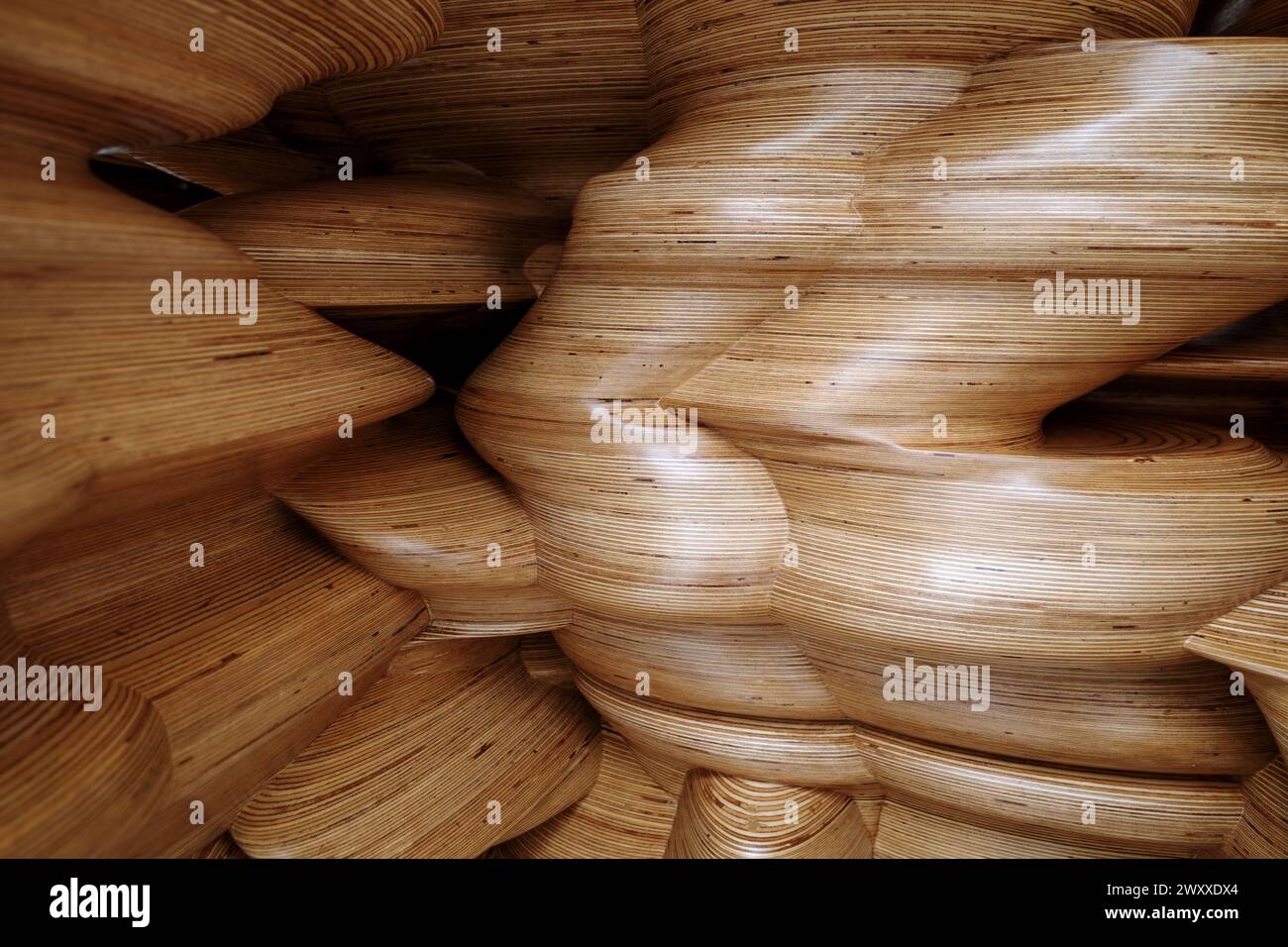 A close-up of a complex, sculptural wooden structure with overlapping ...