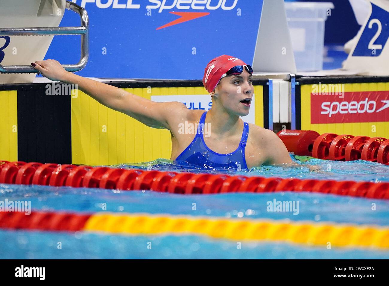 Freya Colbert reacts after winning the Women's 200m Freestyle Final on ...