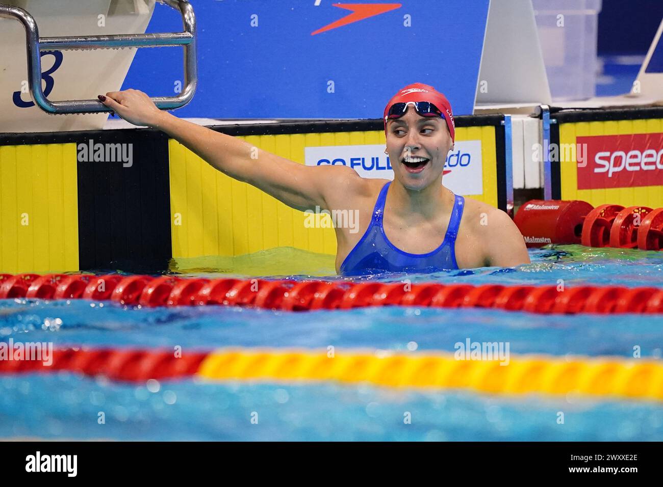 Freya Colbert reacts after winning the Women's 200m Freestyle Final on ...