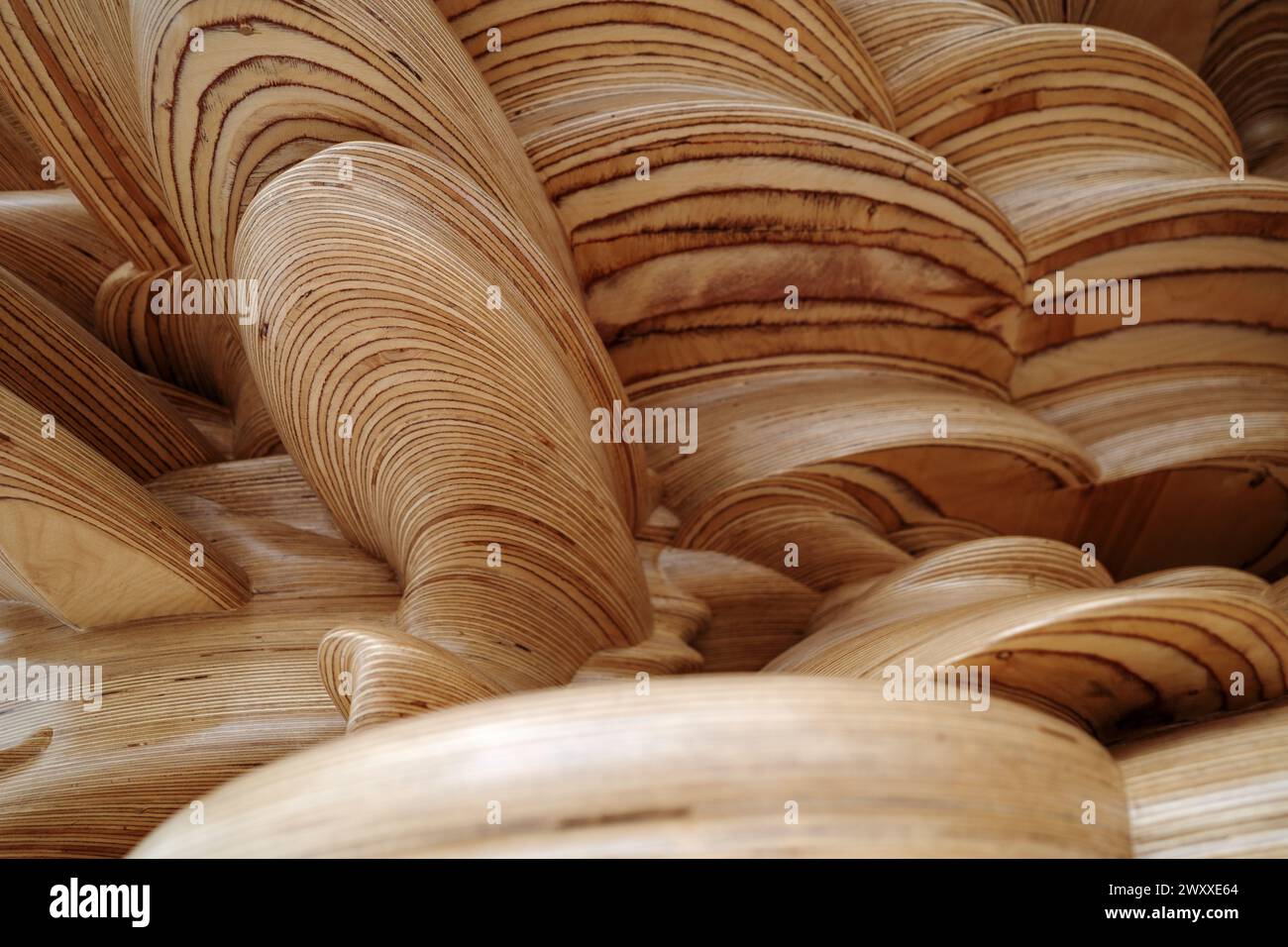 A close-up of a complex, sculptural wooden structure with overlapping ...