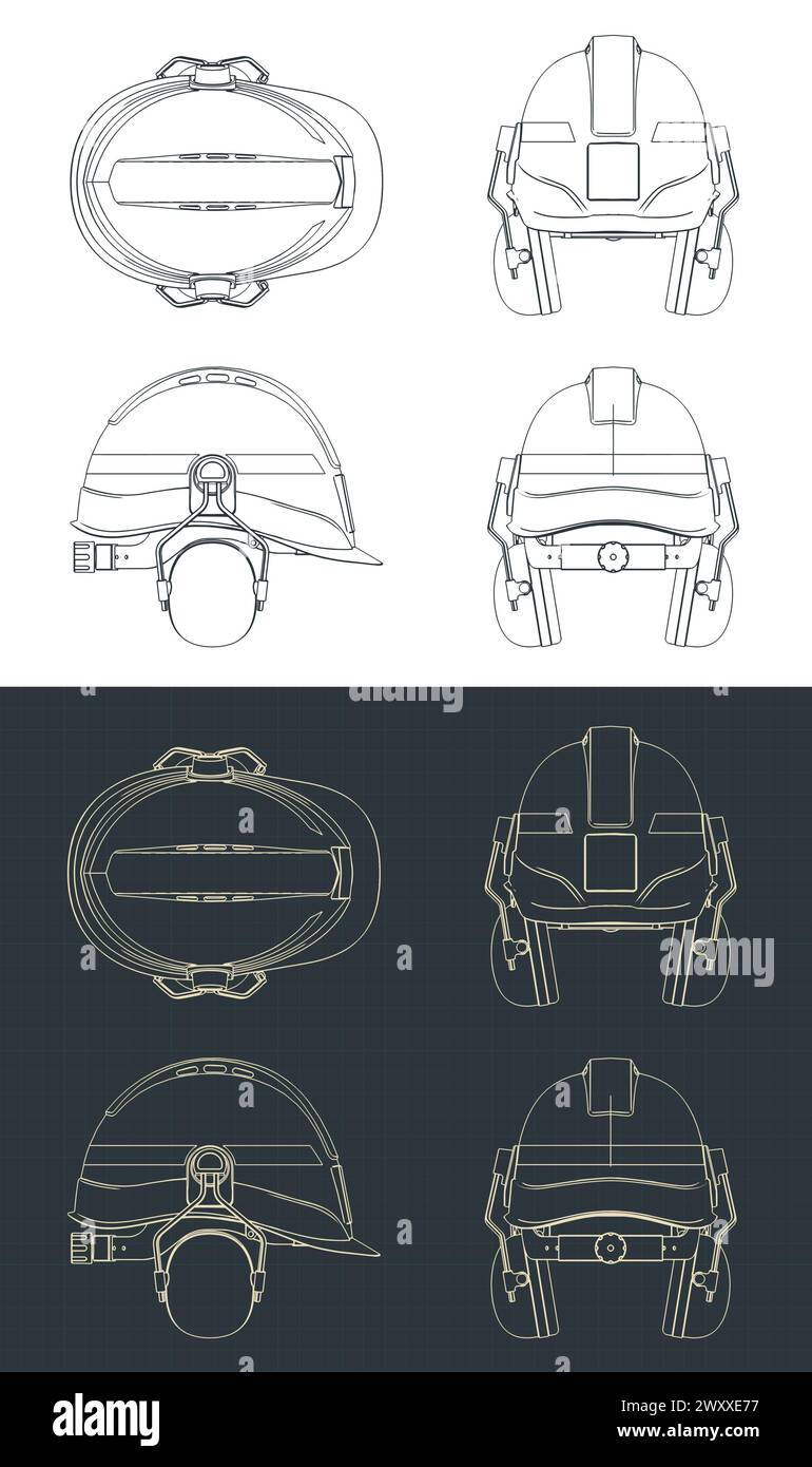 Stylized vector illustration of blueprints of industrial safety helmet ...