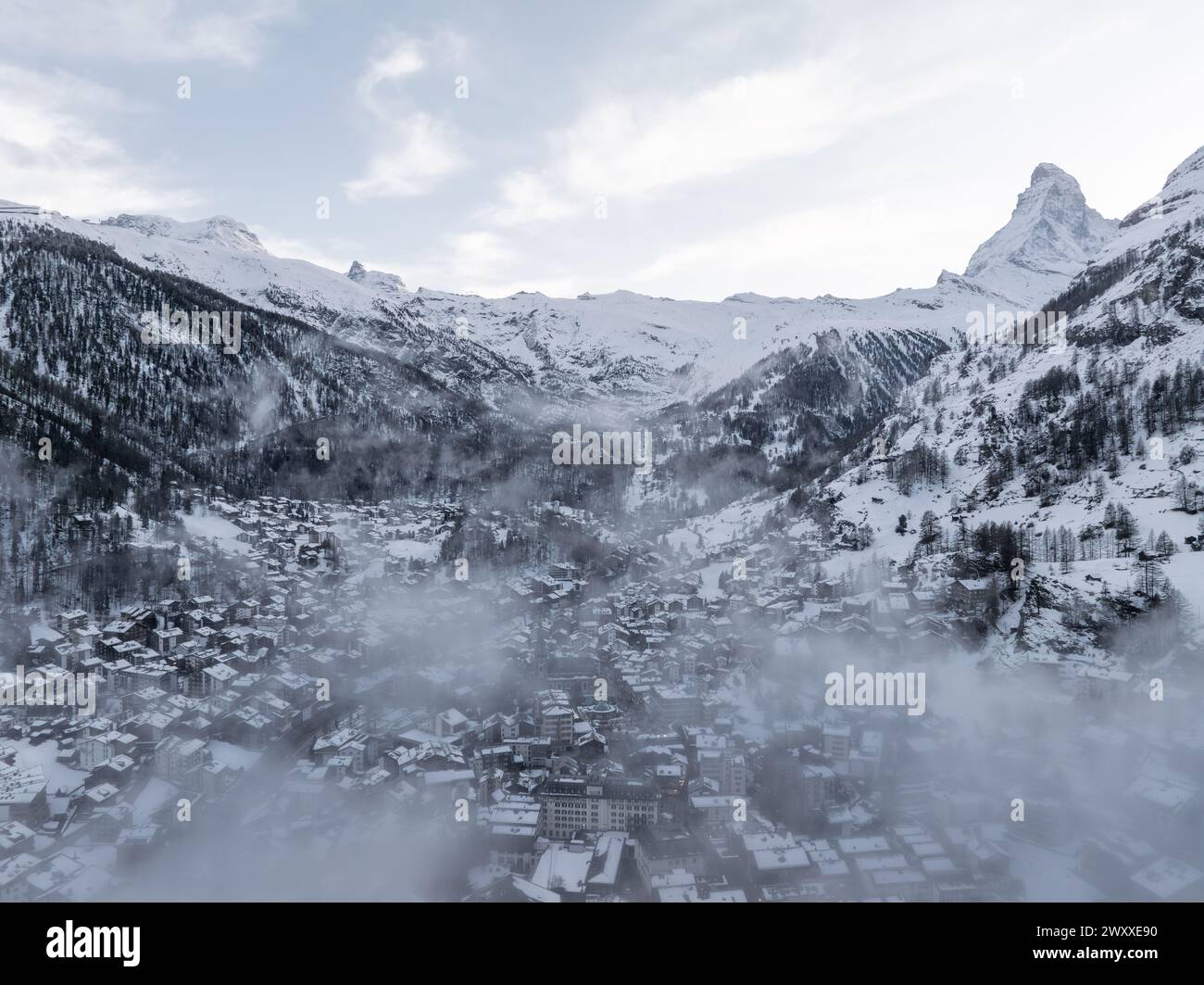 Aerial View of Zermatt Ski Resort, Switzerland with Snowy Matterhorn ...