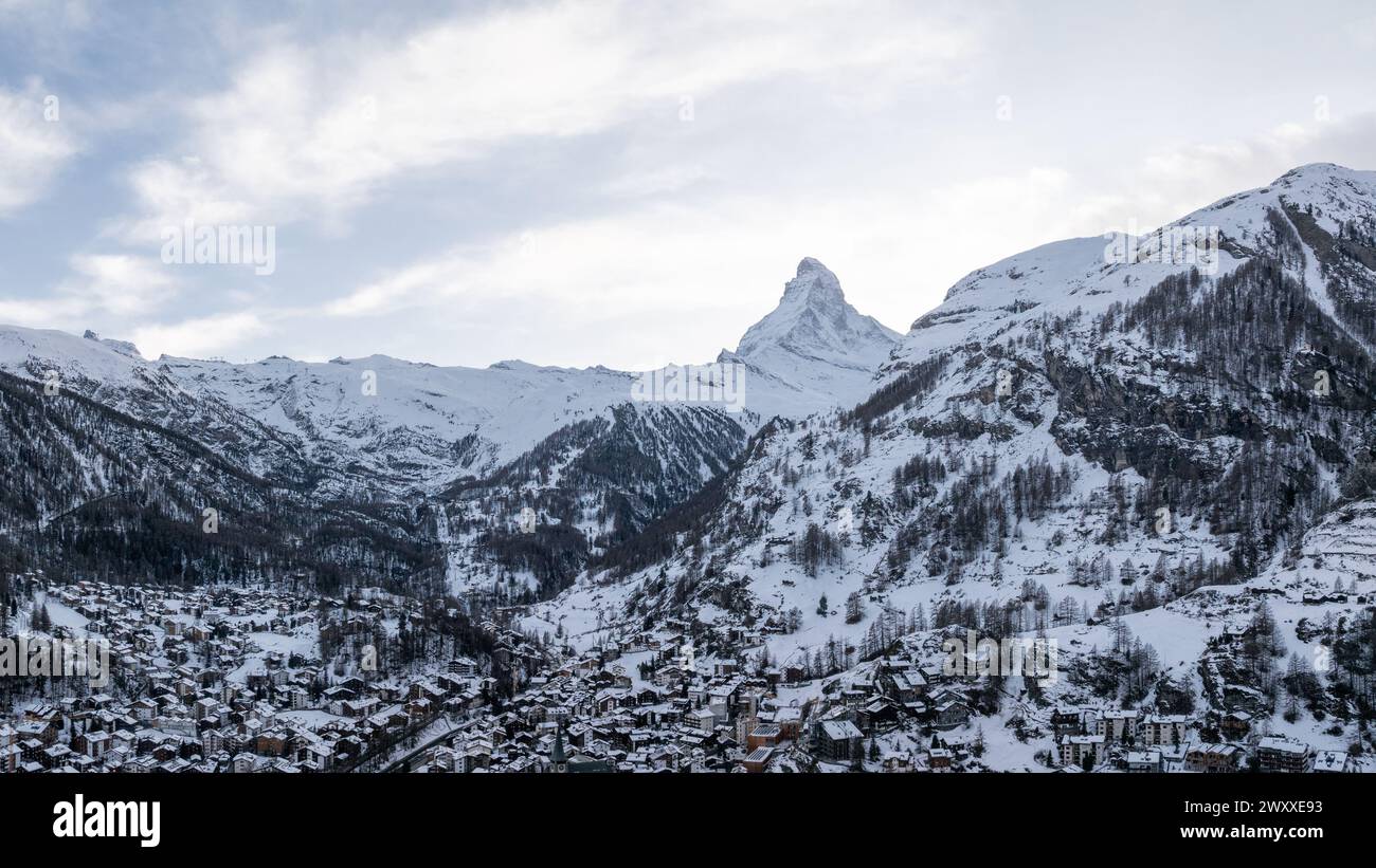 Aerial View of Zermatt Ski Resort, Swiss Alps with Matterhorn at Dusk ...
